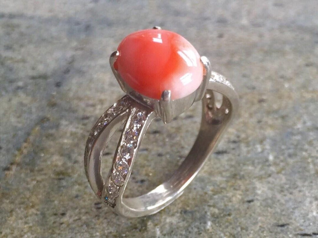 Coral Ring, Natural Coral, Angel Skin Coral, Solid Silver Ring, Italian ...