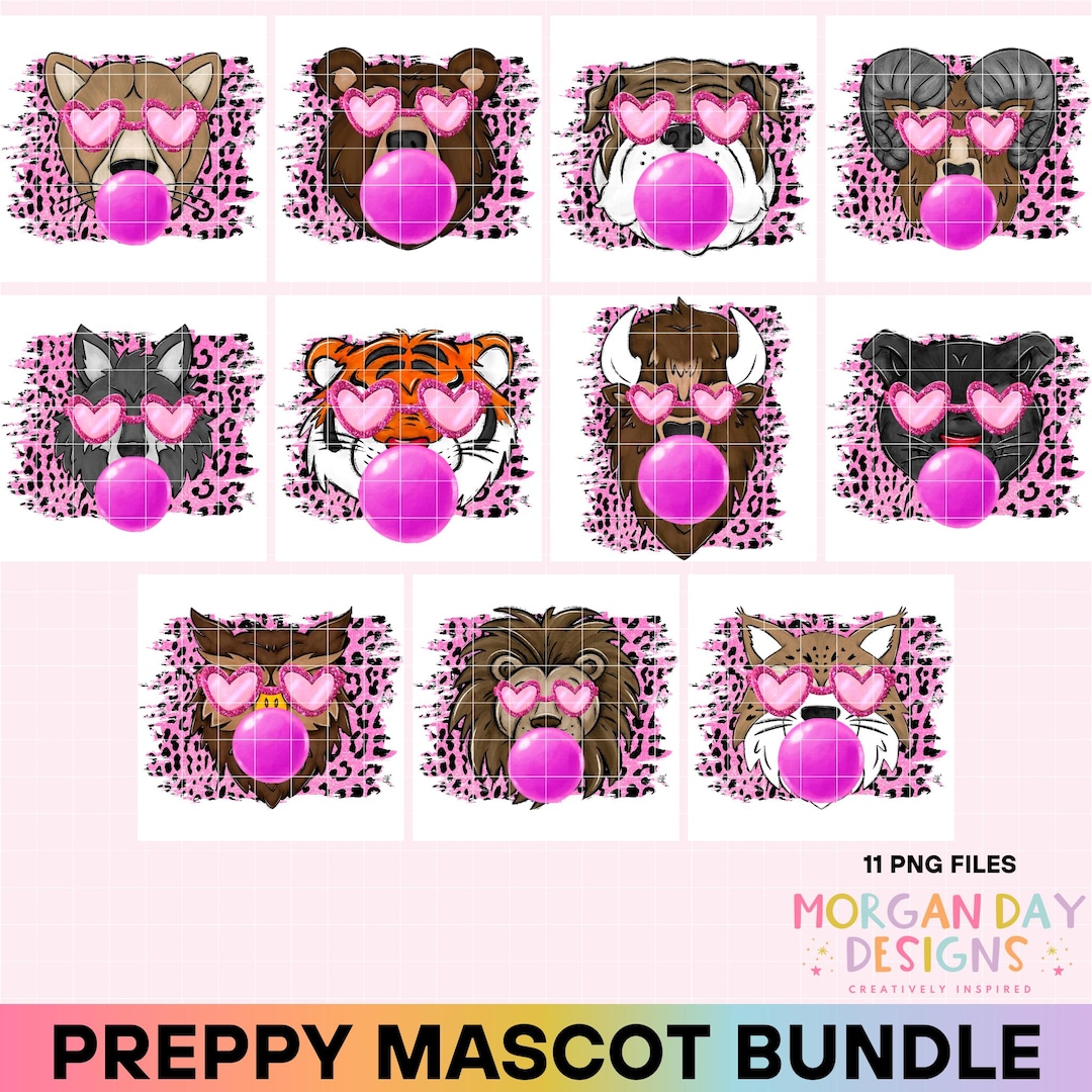 Preppy Mascot PNG Bundle, Pink Bubble Gum Mascot, Football PNG Designs ...