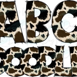 Cow Print Doodle Alphabet Letters PNG Bundle, Country Alpha, Cow Hide ...