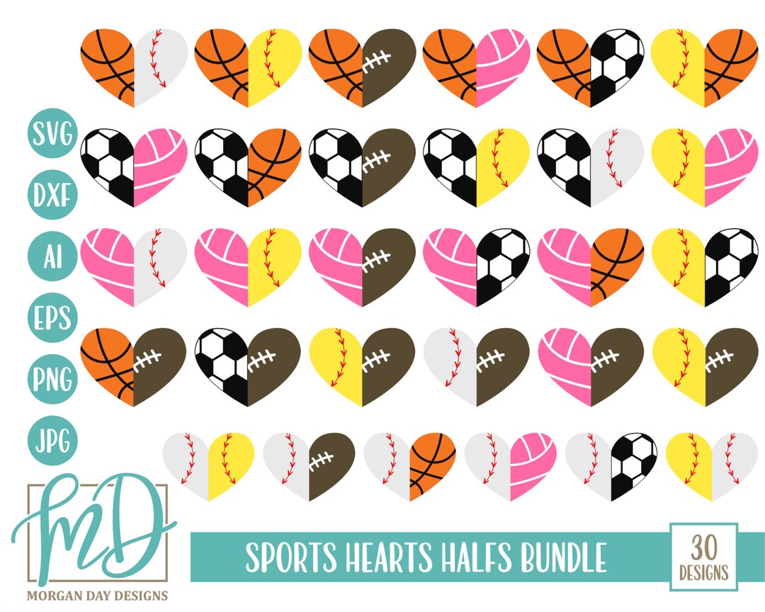 Sports SVG Bundle, Sports Half Hearts SVG, SVG Bundle, Full Heart Full ...