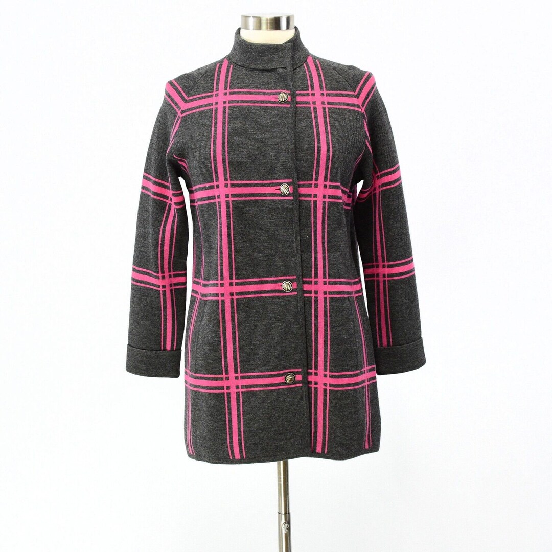 60s Vintage Womens M Pink & Gray Window Pane Plaid Wool Sweater Gina ...