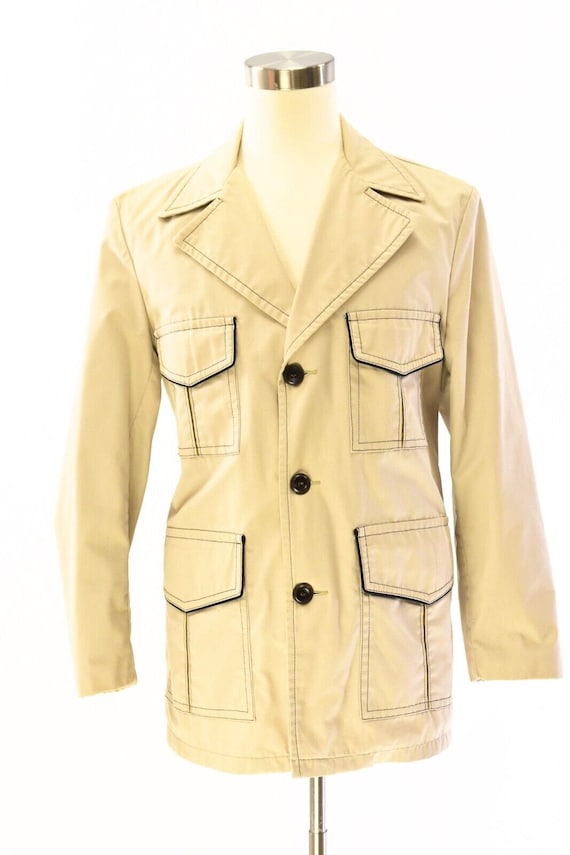 70s Vintage Beige Utility Jacket Black Cording Trim &… - Gem