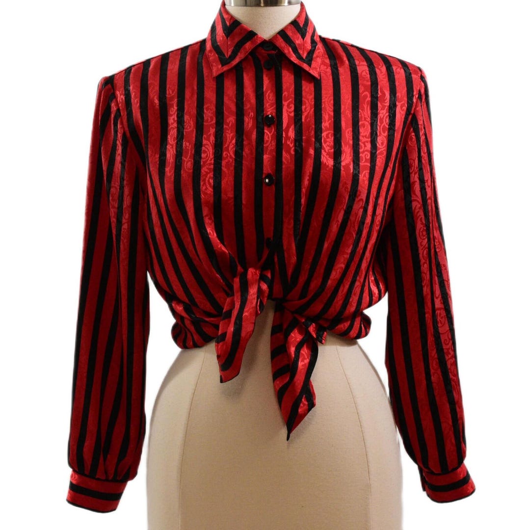 80s Vintage Alia Red Black Striped Blouse Womens 8P Satin Jacquard ...