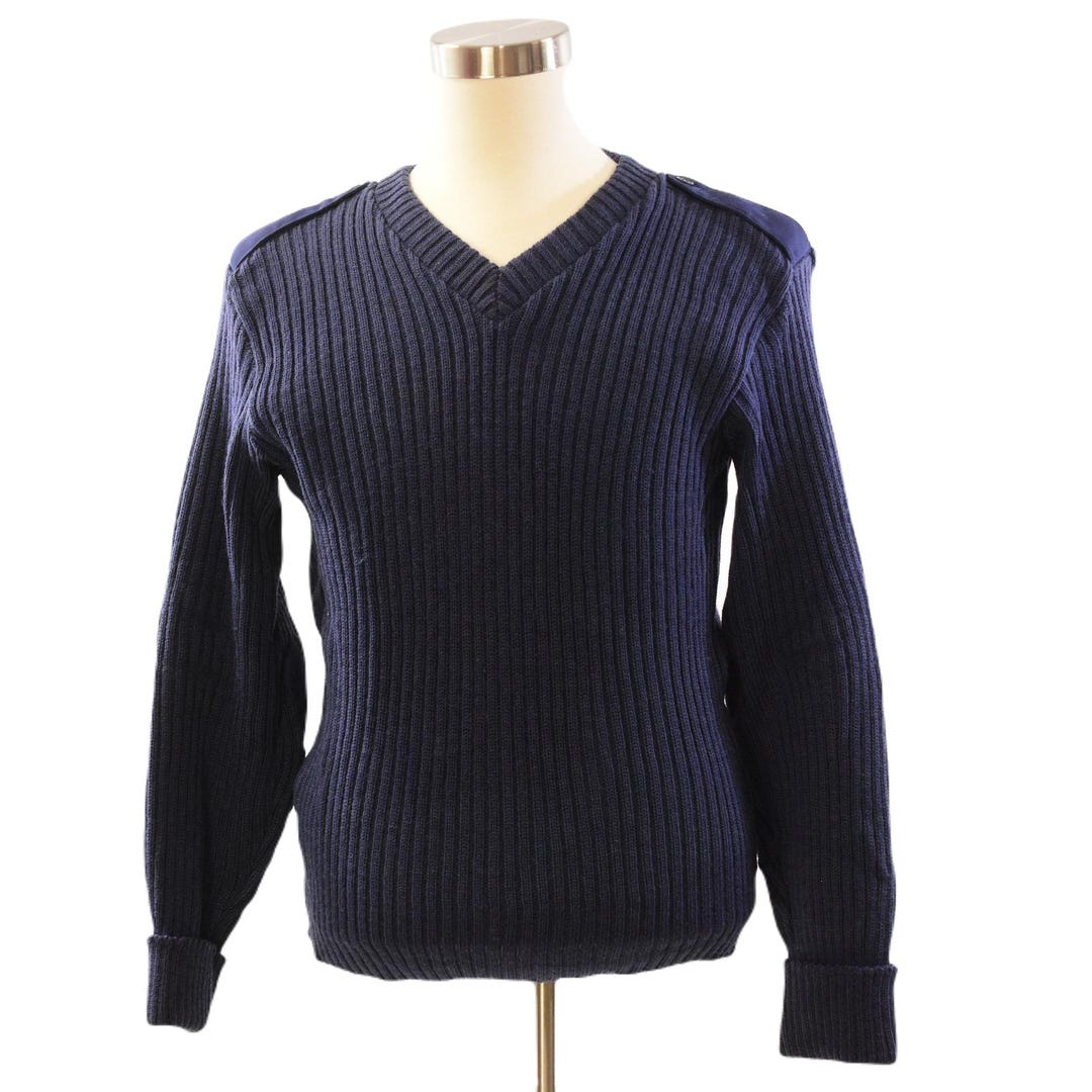 80s Vintage Mens L Navy Wool Commando Sweater Military Ribbed Pullover ...