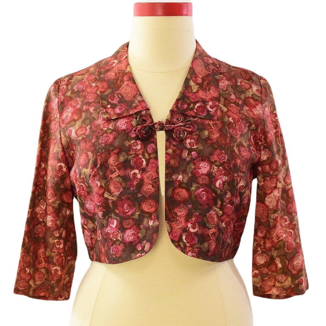 50s Vintage Rose Print Cropped Jacket Womens L XL Red Floral Bolero ...