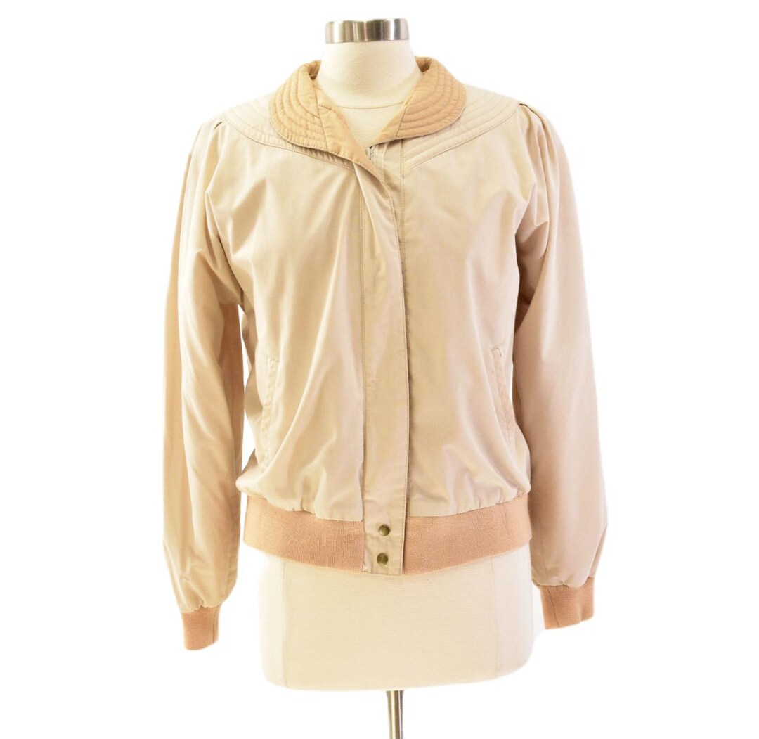 70s Vintage Disco Glam Bomber Jacket Womens M Beige Satin Puff Sleeve ...