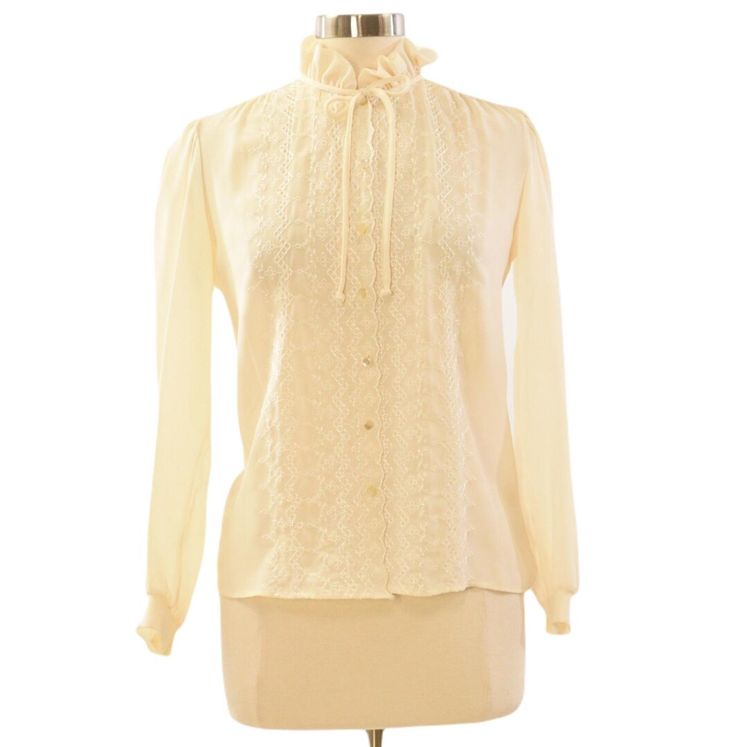 70s Rhoda Lee Sheer Embroidered Blouse Ivory Ruffled Tie Neck M 8 ...
