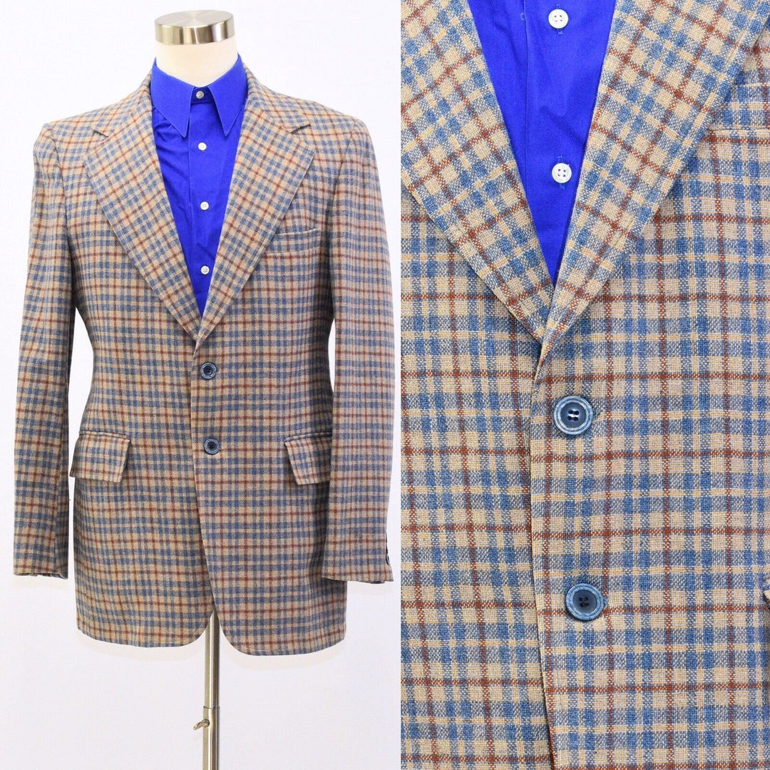 80s Vintage Mens Blazer Size 42 Blue Tan & Brown Plaid Warren Sewell - Etsy