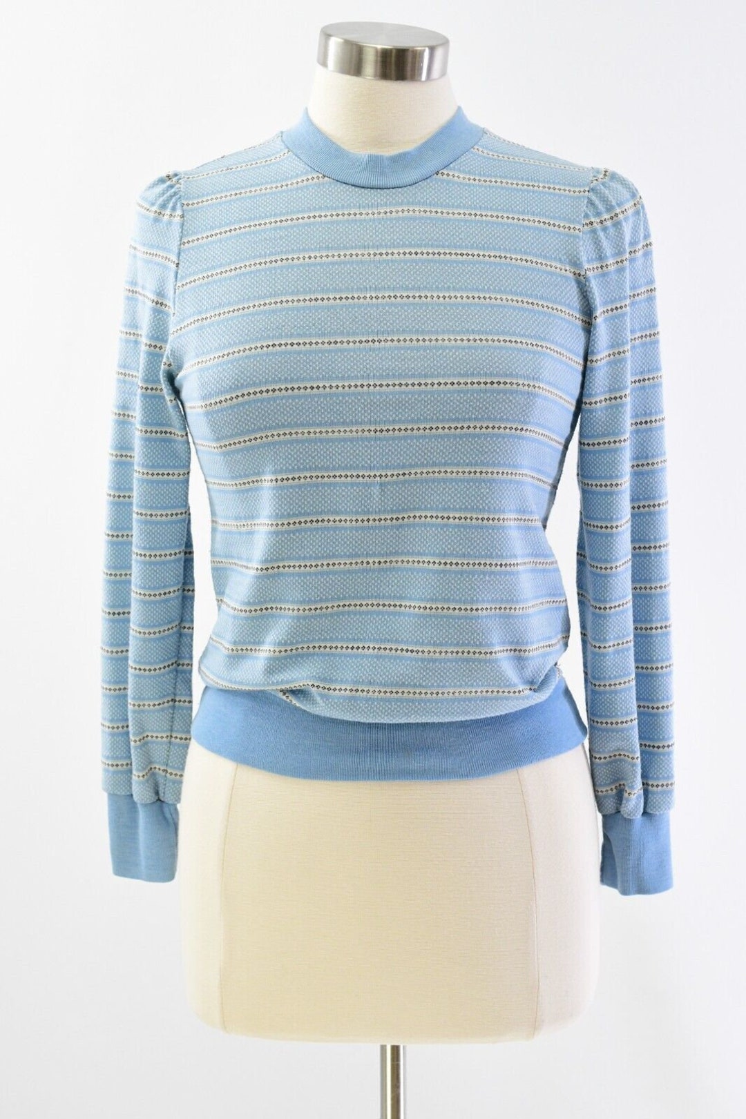 70s Vintage Womens S Lite Blue Diamond Print & Striped Sweater Beeline ...