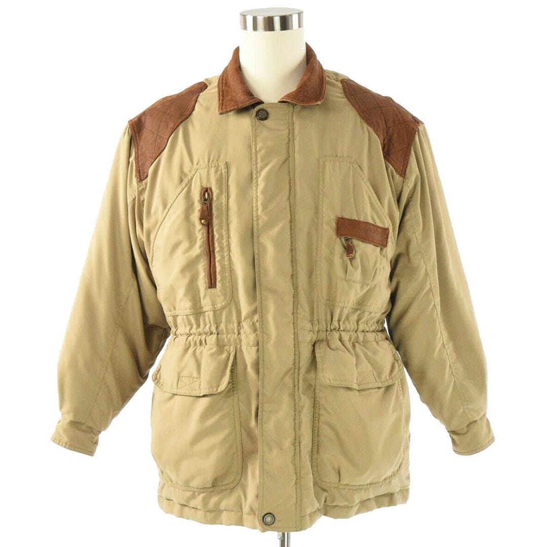 80s Vintage Down Filled Field Jacket Mens L Leather Trim Hunting Coat ...