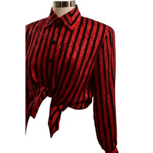 80s Vintage Alia Red Black Striped Blouse Womens 8P Satin Jacquard ...