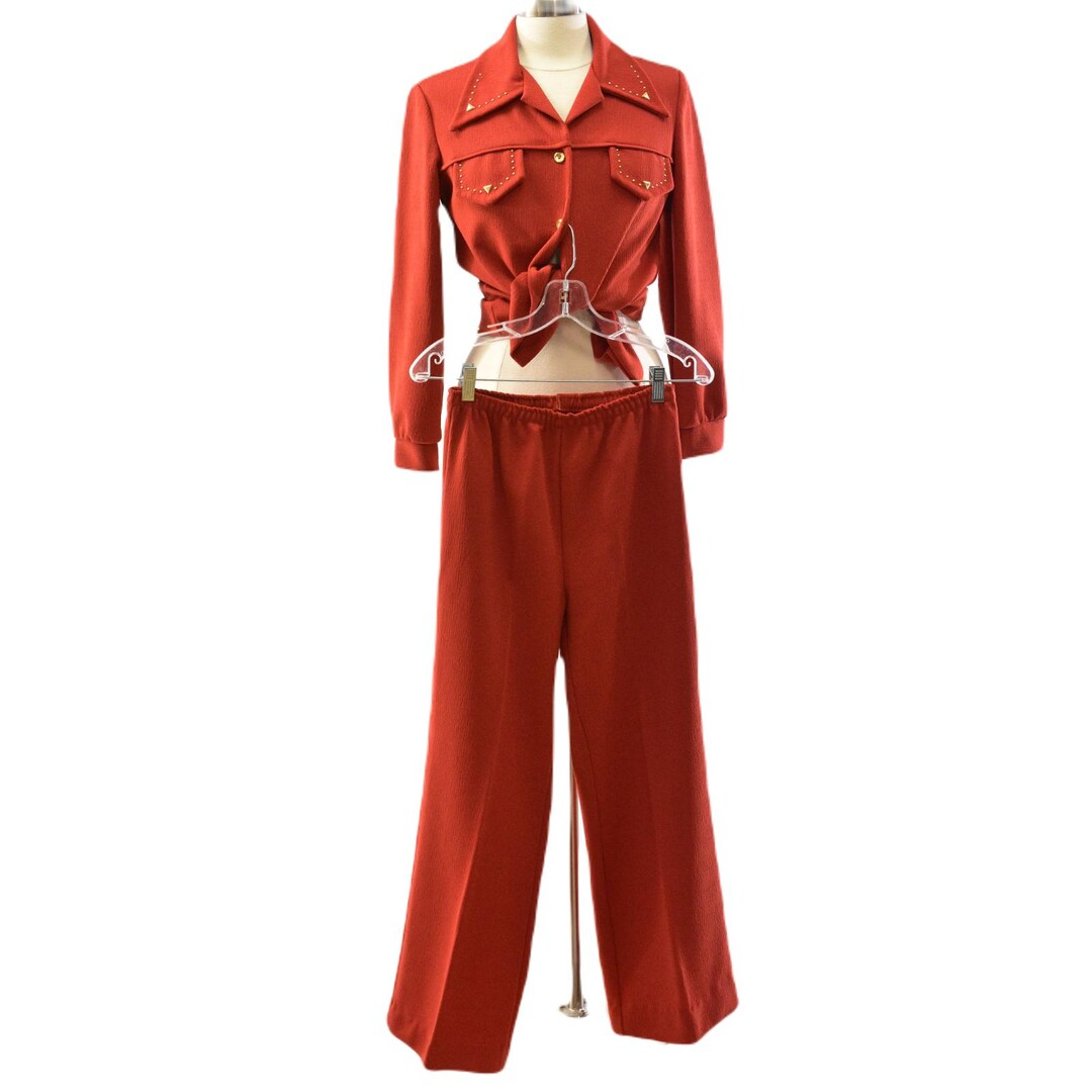 70s Burnt Orange Disco Outfit Flare Pants Studded Top Womens M - Etsy