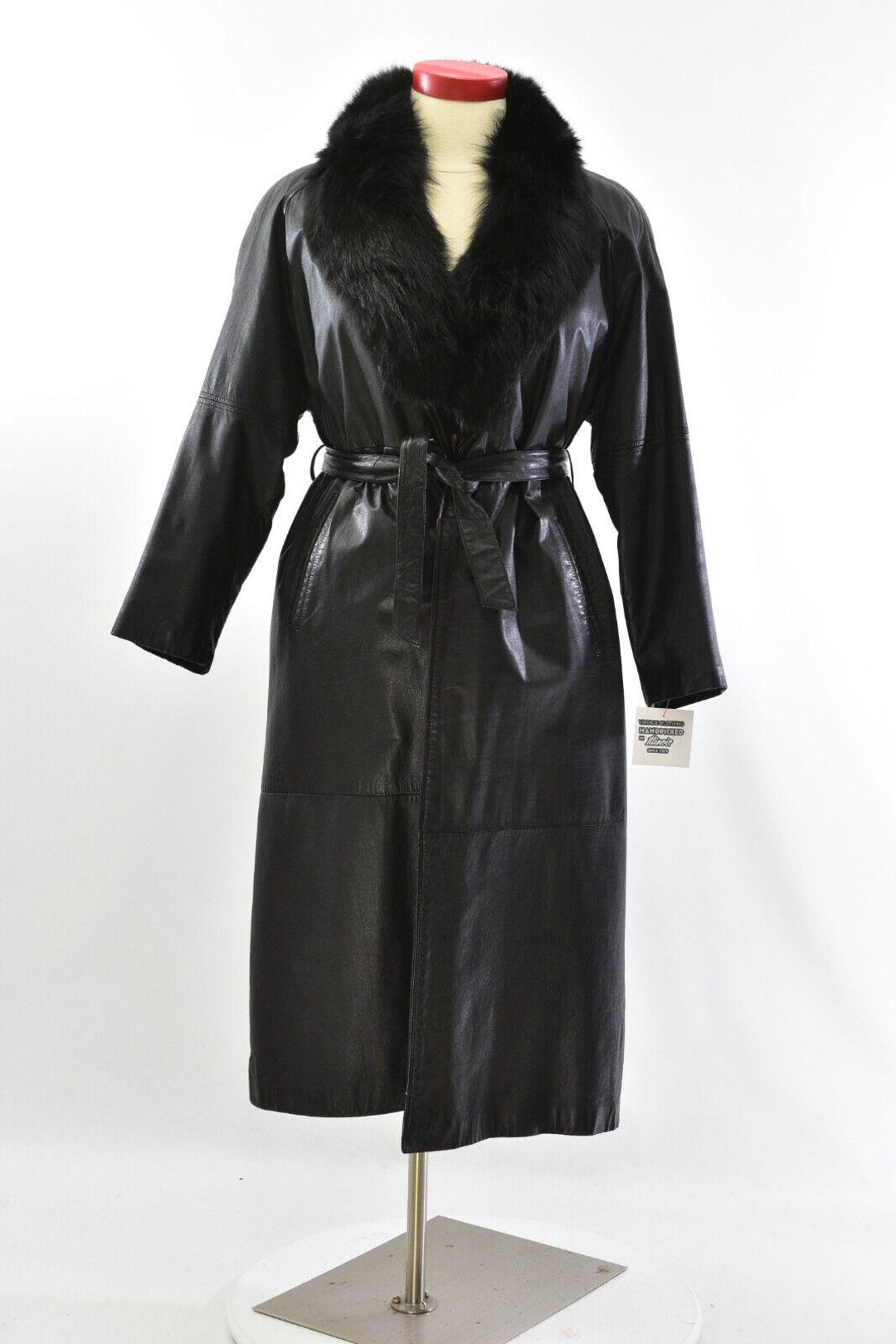 80s Vintage Greg Bell Black Leather With Rabbit Fur Collar Wrap Coat ...