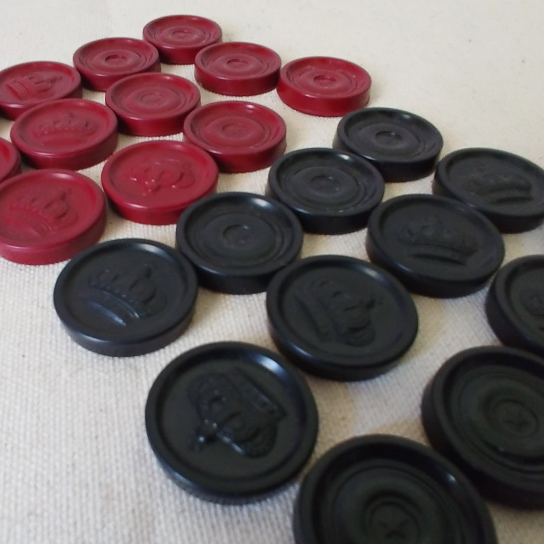 Vintage Black and Burgundy Crown Brand Checkers, Full Set of 24, Game ...