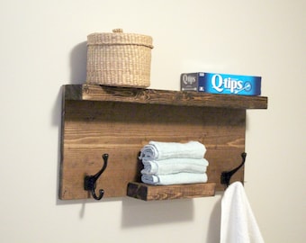 Modern Bathroom 2 Tier Floating Shelf, Towel Rack, Bronze Robe Hooks ...