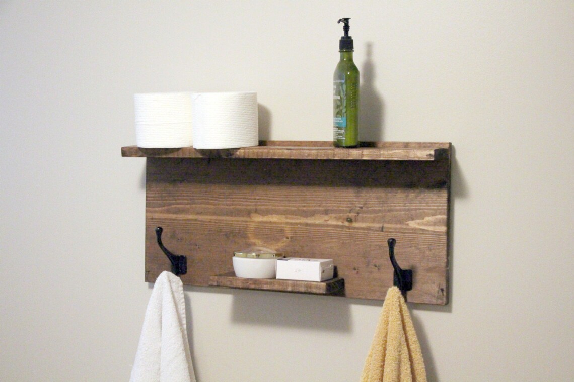 Modern Bathroom 2 Tier Floating Shelf, Towel Rack, Bronze Robe Hooks ...