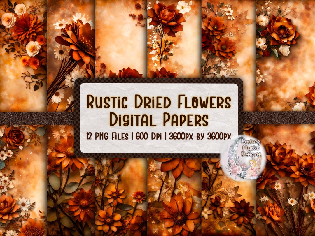 Rustic Dried Flowers Digital Paper, Floral Digital Paper, Rustic ...