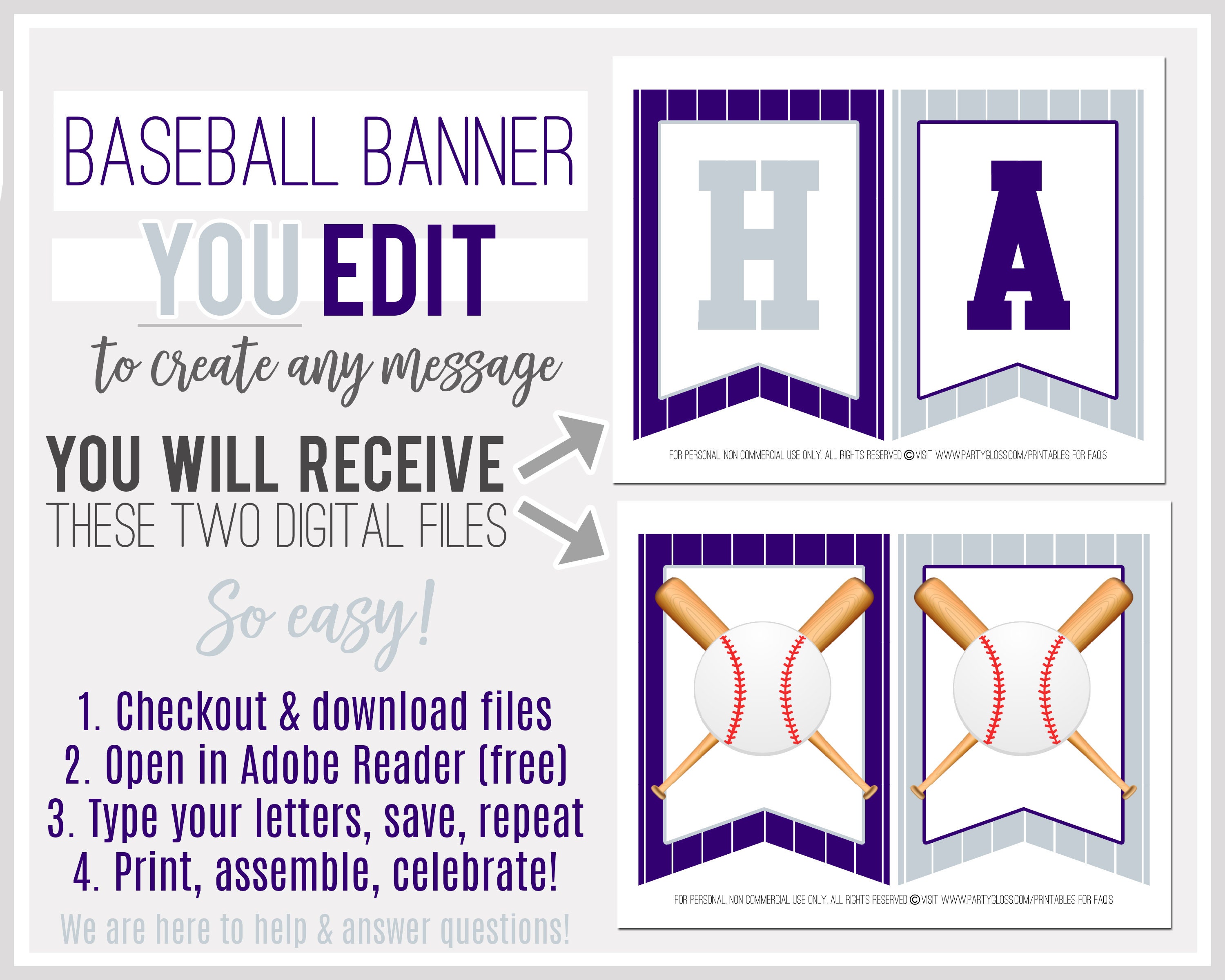 Printable Baseball Banner Editable Banner Silver Purple | Etsy
