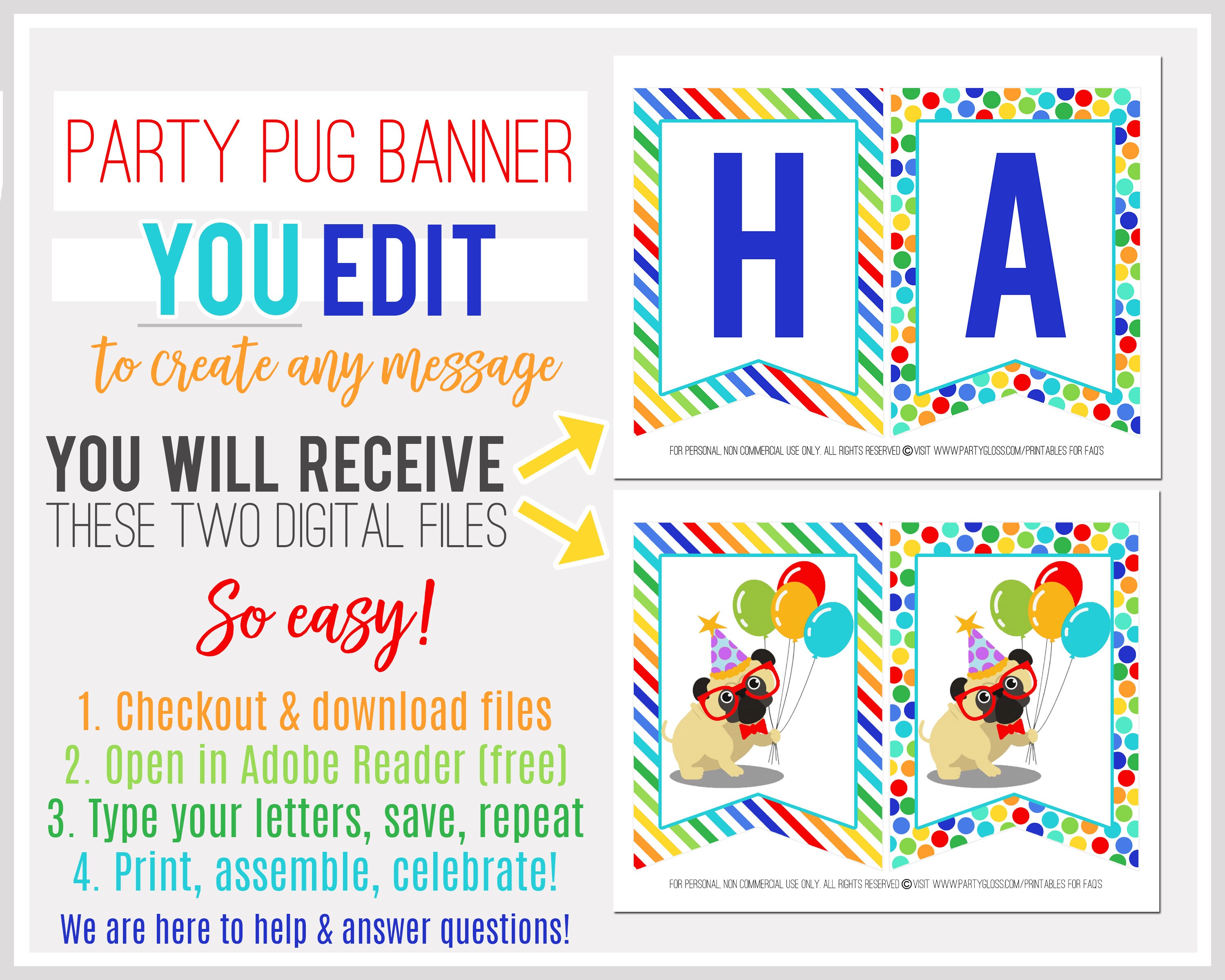 Printable Pug Banner Editable Banner Party Pug Theme | Etsy