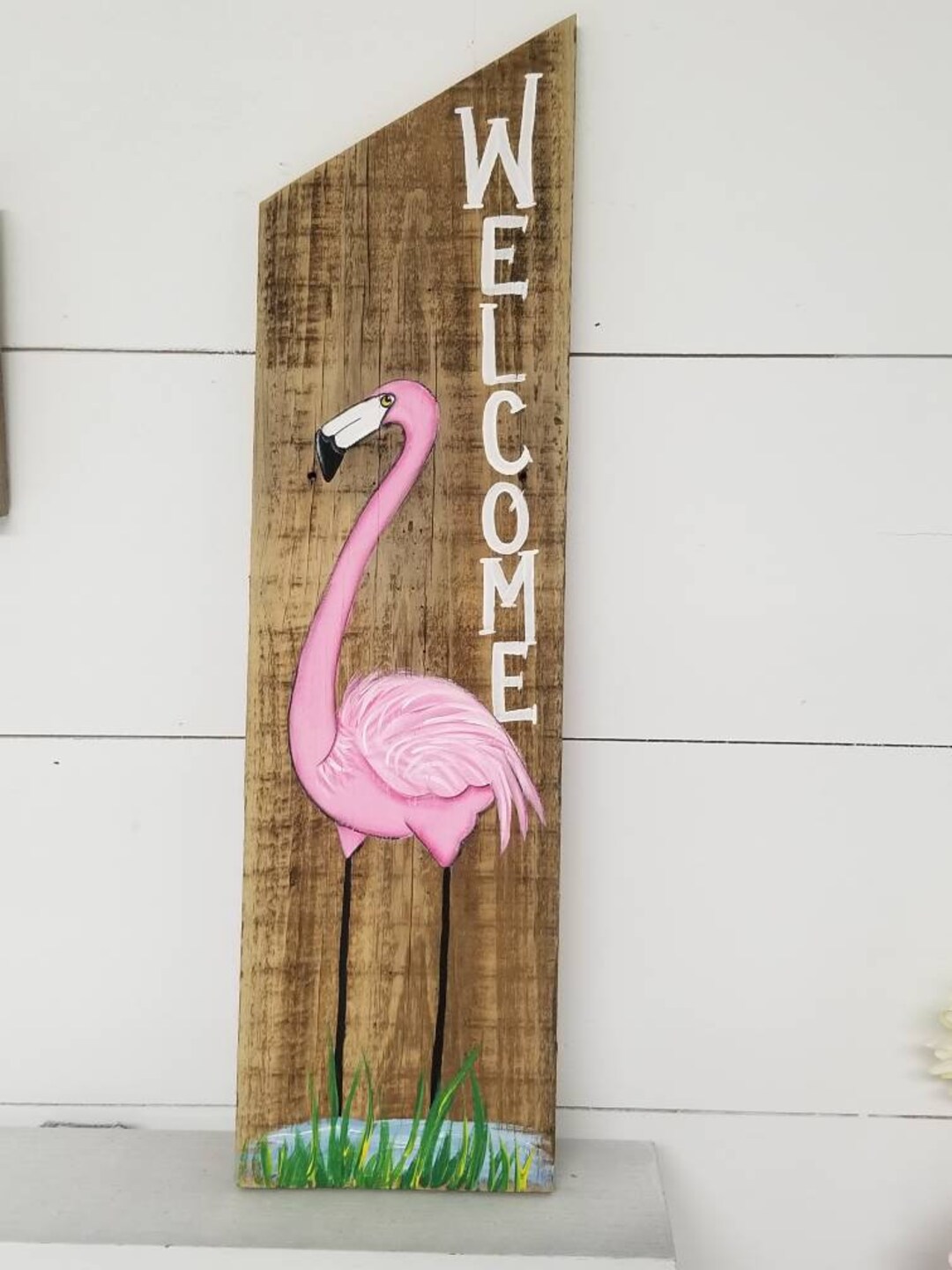 Welcome Flamingo Painted on Aged Wood. - Etsy