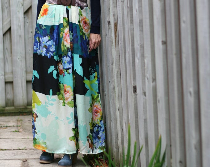 1990s Skirt - Floral Maxi Skirt - Full Skirt - Pleated - Patchwork ...