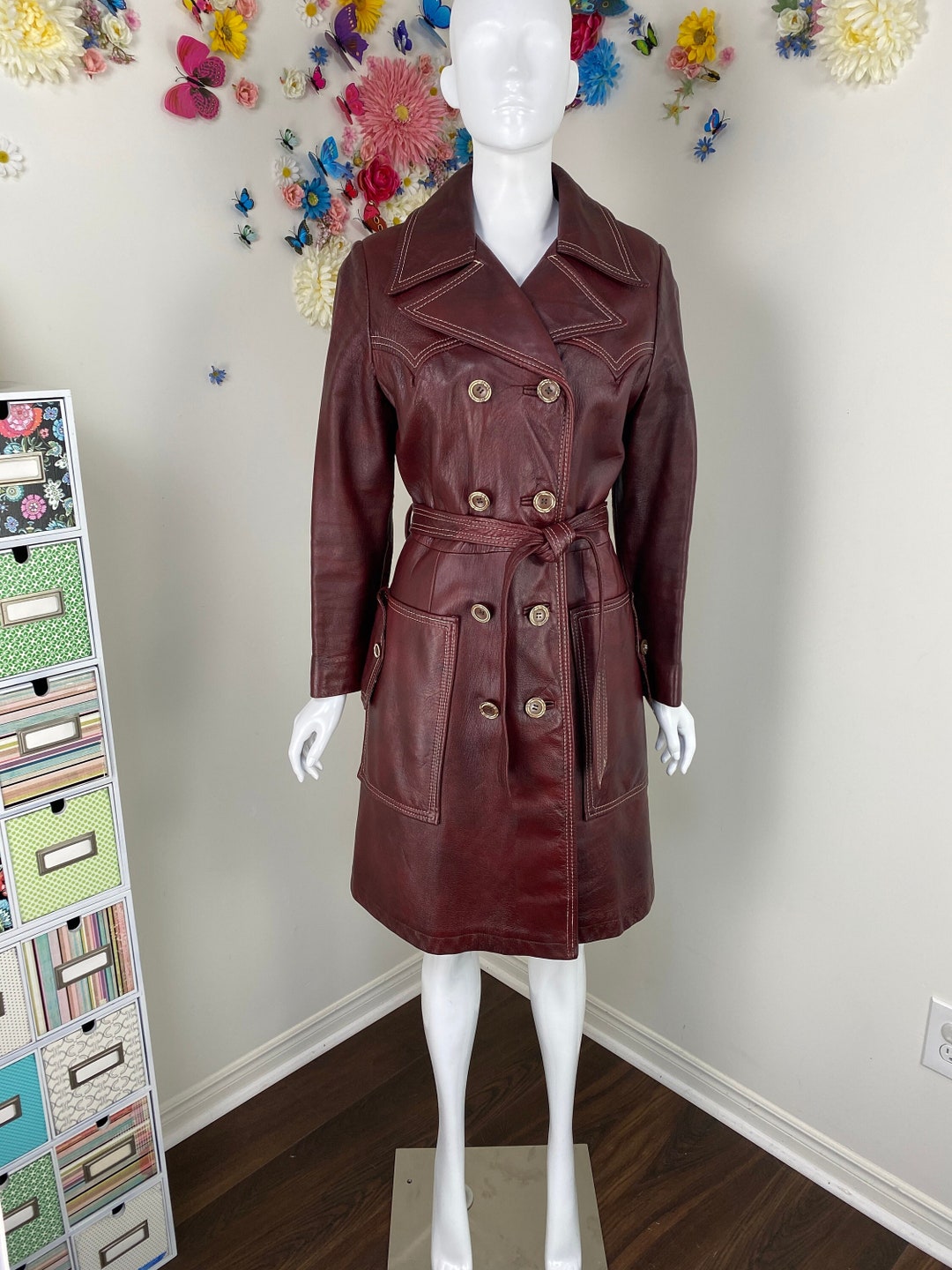 70s Burgundy Leather Trench Coat With Contrast Stitching & Belt 1970s ...