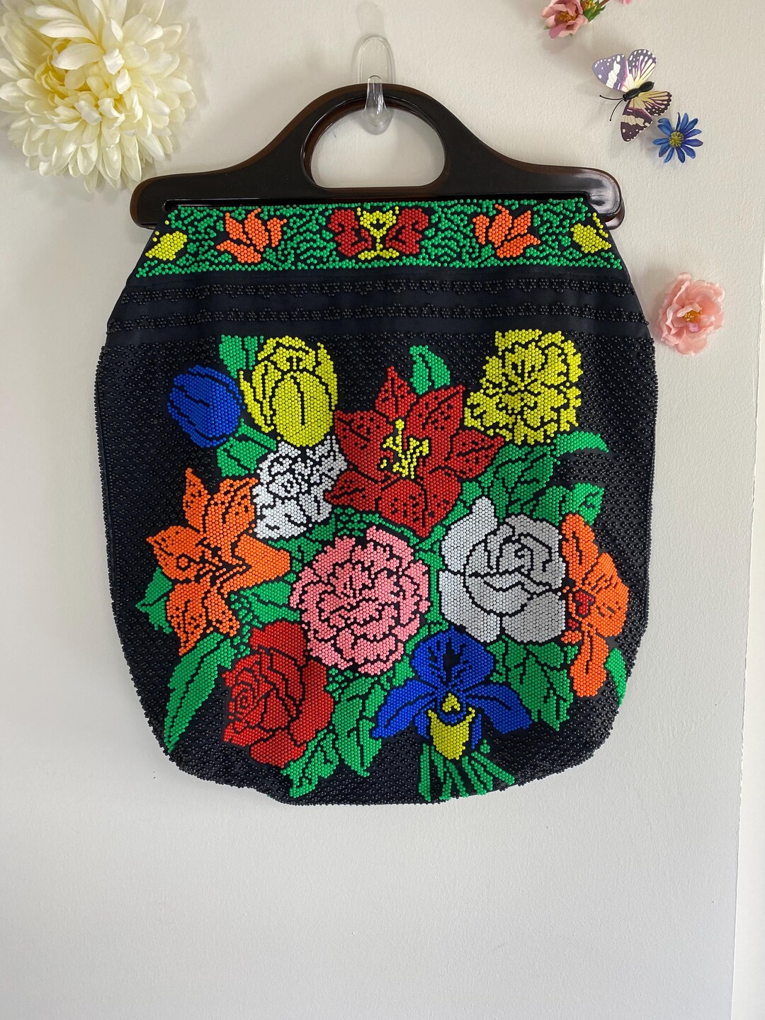 Boho Beaded Vintage 70s Knitting Bag Large 1970s Retro Purse Floral ...