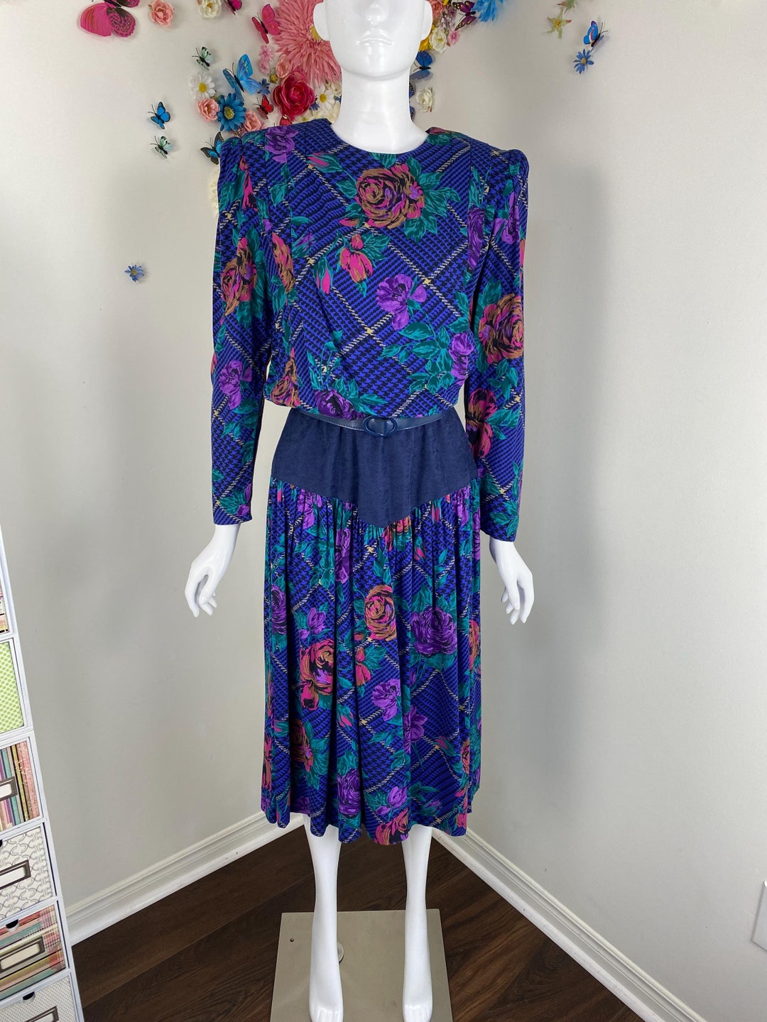 Vintage Floral Dress 80s Blue Secretary Dress Modest Fall Day Dress ...