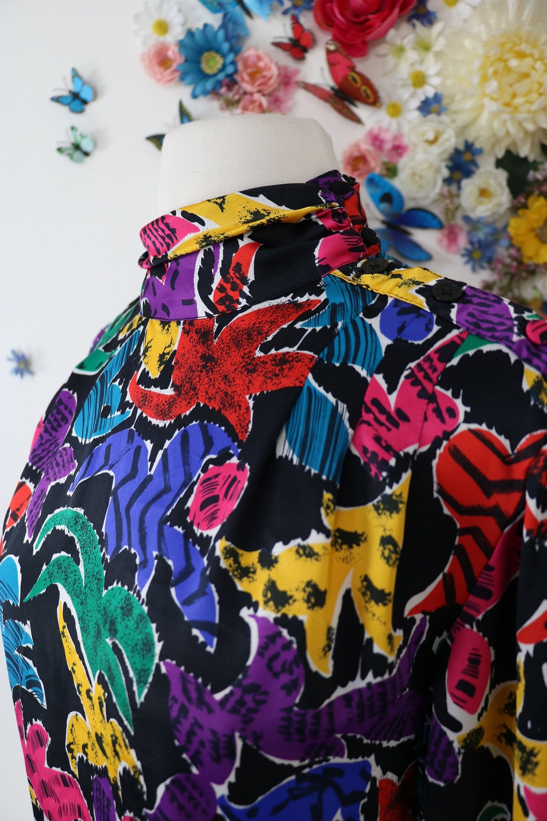 Vintage Rainbow Blouse MICHELLE STUART Funky High Neck Blouse 1980s ...