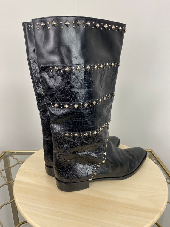 Vintage Boots 80s STUART WEITZMAN Black Leather Metal… - Gem