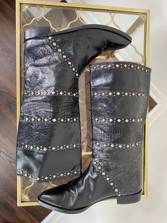 Vintage Boots 80s STUART WEITZMAN Black Leather Metal… - Gem