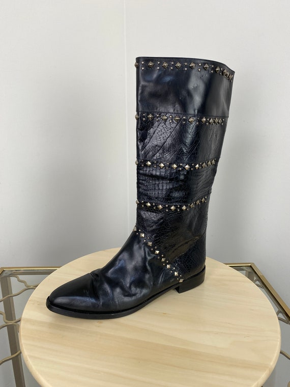 Vintage Boots 80s STUART WEITZMAN Black Leather Metal… - Gem