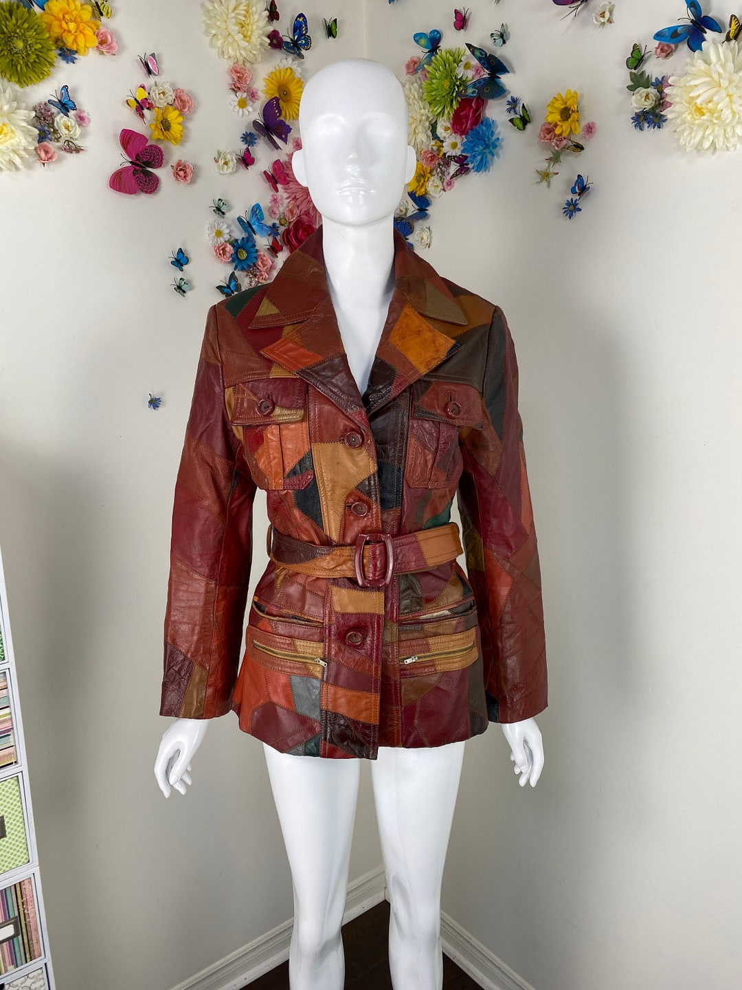 70s Patchwork Leather Jacket Vintage 1970s Mid Length Fall Rainbow ...