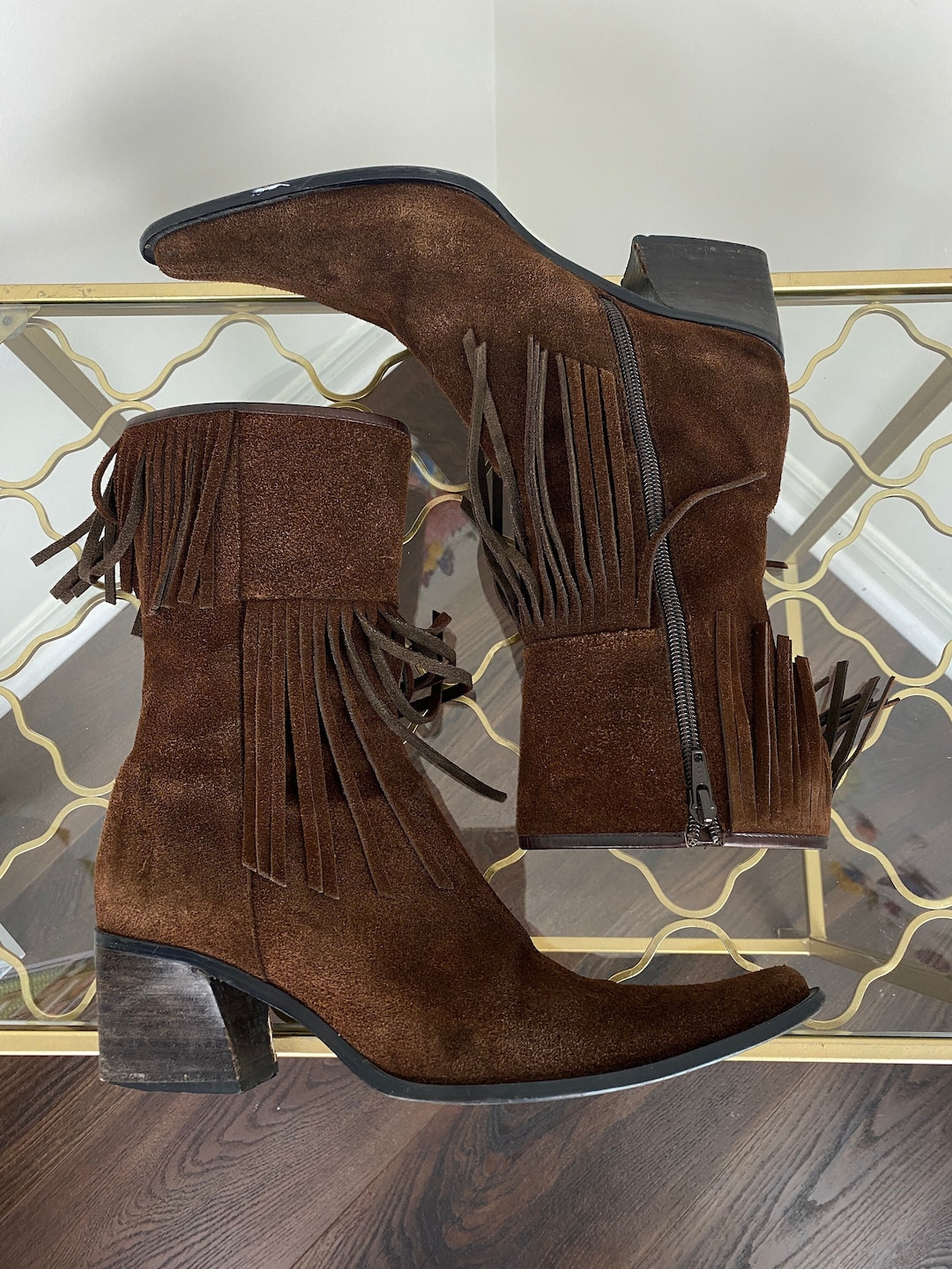 Vintage Brown Suede Fringe Western Boots Fringed Leather Cowgirl Boots ...