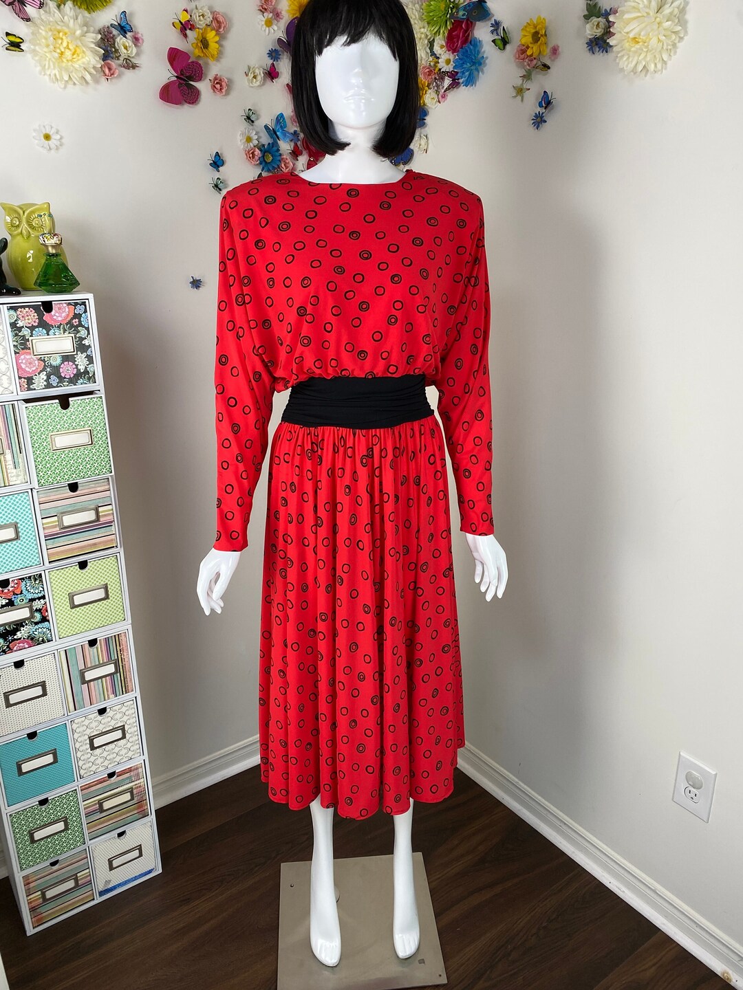 90s Red Day Dress Vintage KIRA 1990s Dotted Full Circle Skirt Evening ...