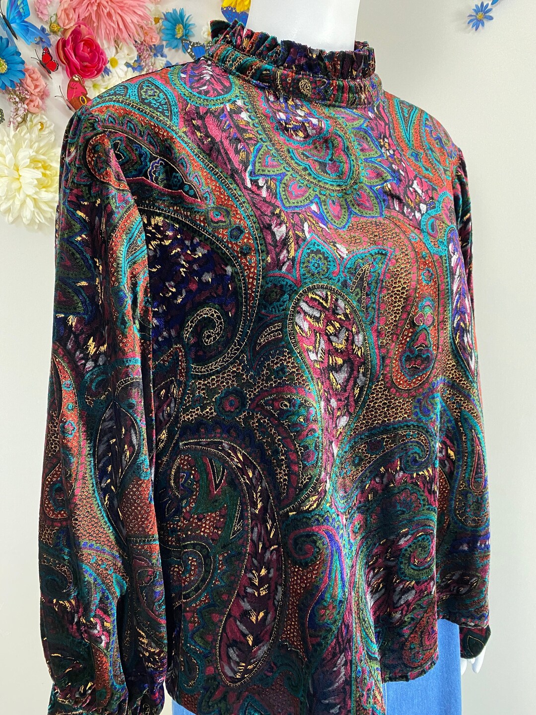 Velvet Boho Top Paisley Velvet High Neck Ruffle Blouse With Balloon ...