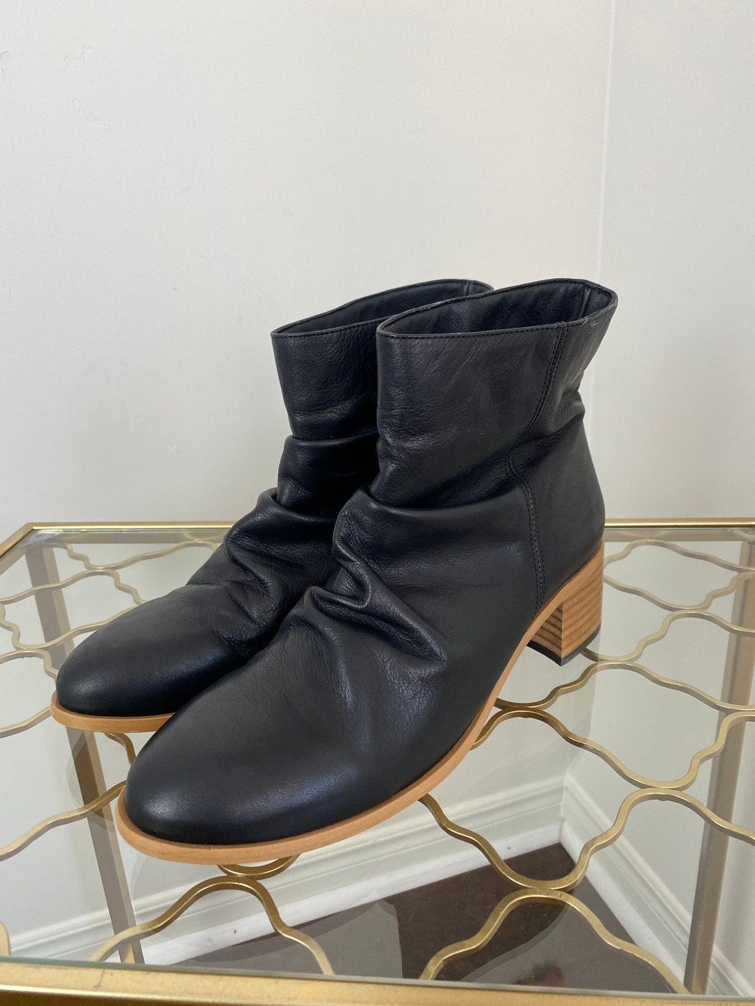 Vintage Boots ANTHROPOLOGIE Black Leather Slouchy Ankle Boots Pull on ...