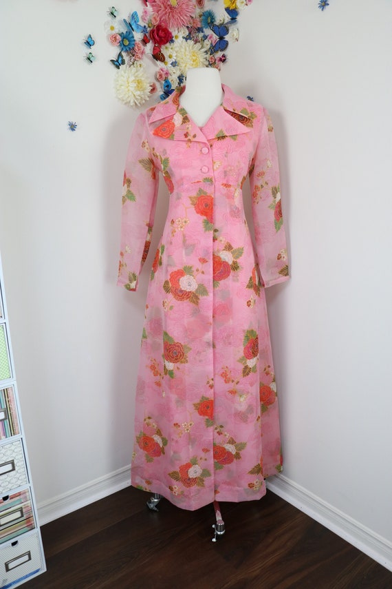 70s Floral Chiffon Duster Evening Jacket Vintage 1970… - Gem