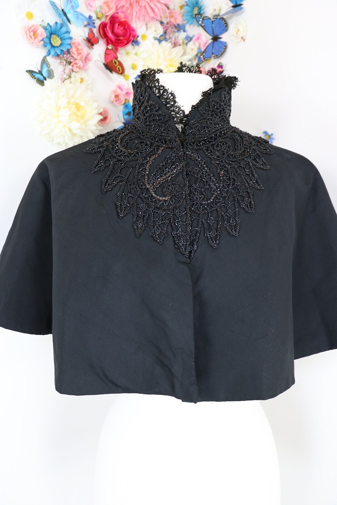 Victorian Black Beaded Lace Caplet Mourning Cape Antique 19th Century ...