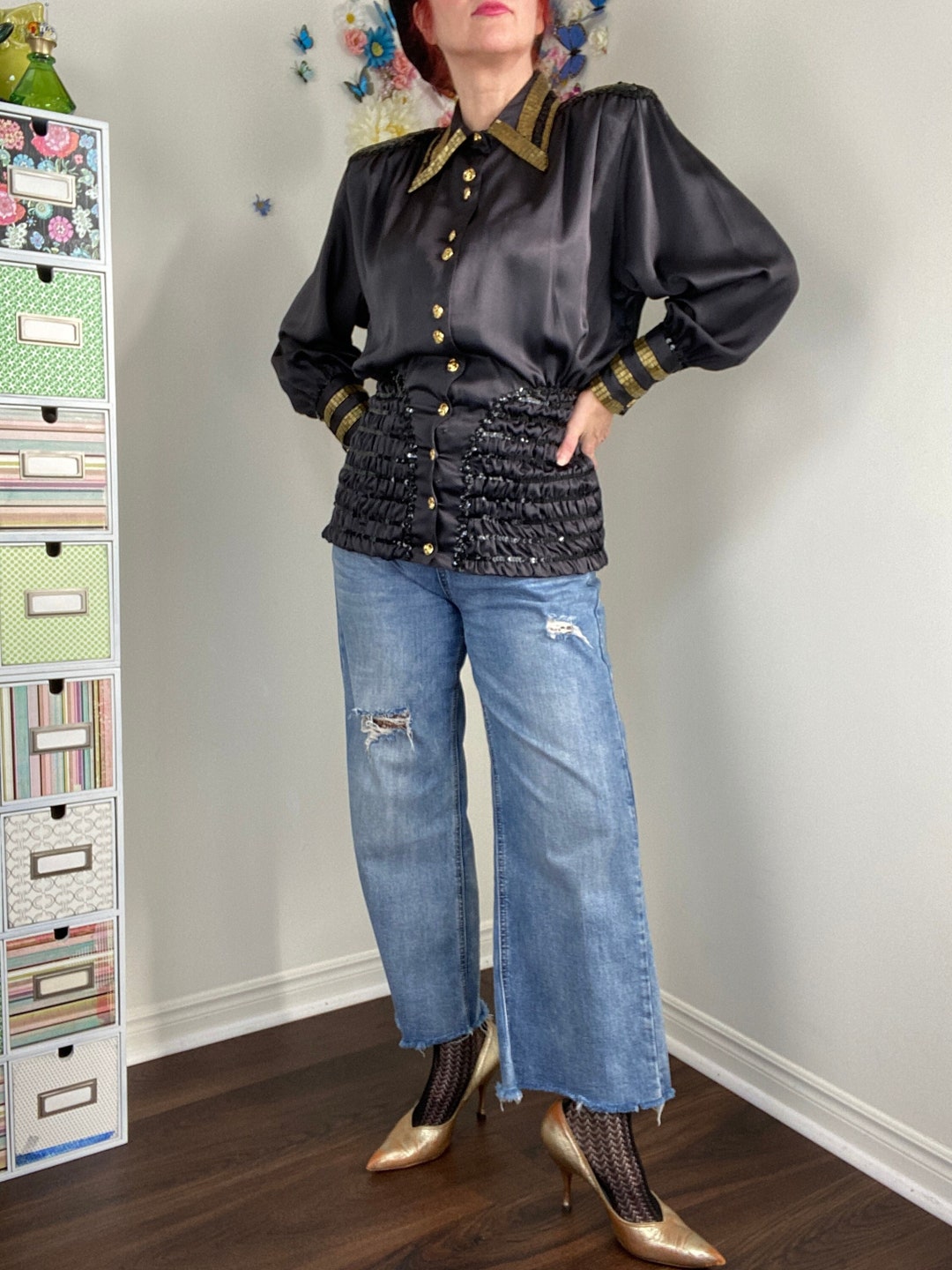 80s Does 40s Beaded Sequin Black Evening Blouse Vintage 1980s Slinky ...