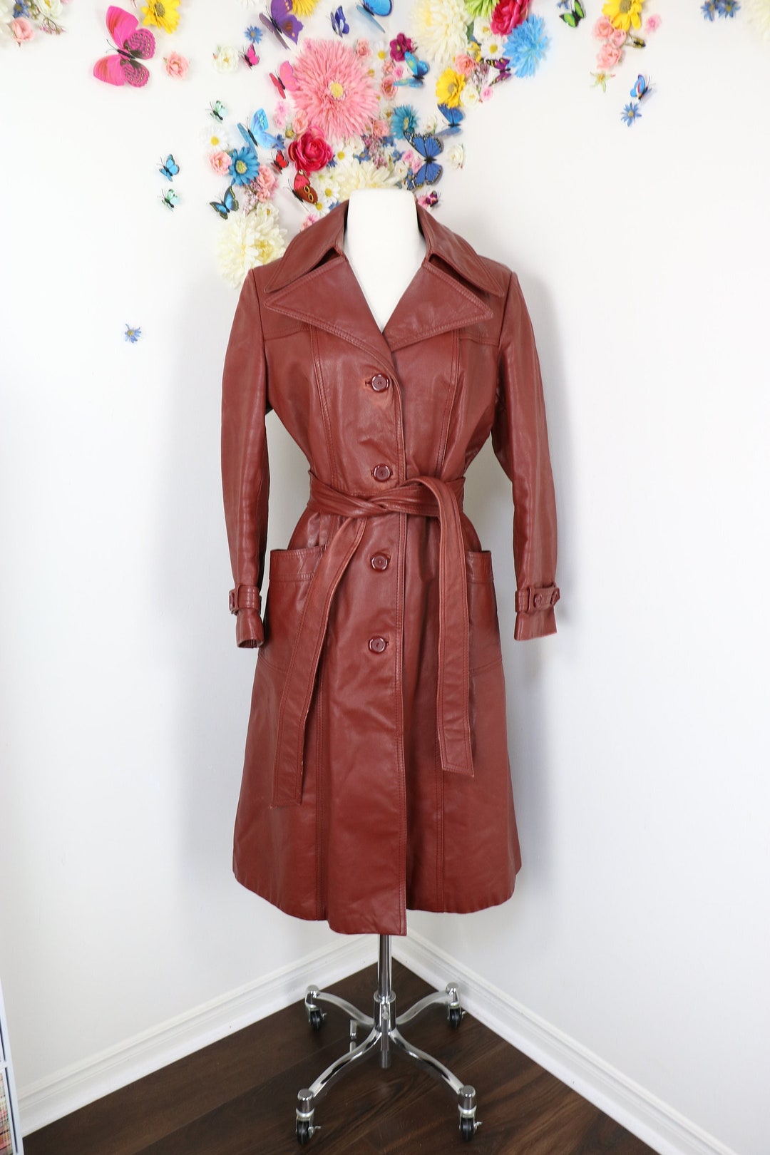 70s Burgundy Leather Trench Coat With Belt 1970s Vintage Long Leather ...