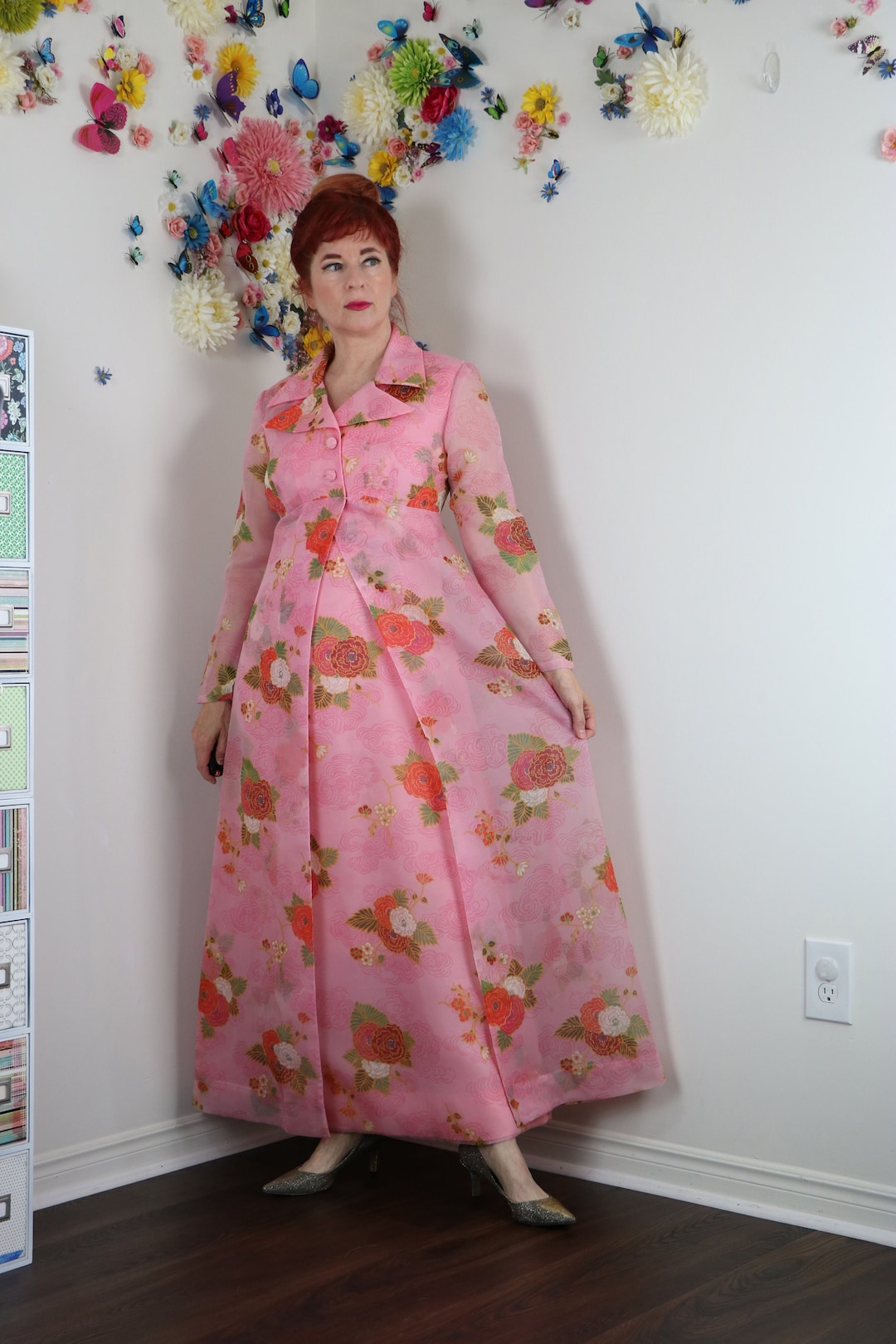 70s Floral Chiffon Duster Evening Jacket Vintage 1970s Pink Semi Sheer ...
