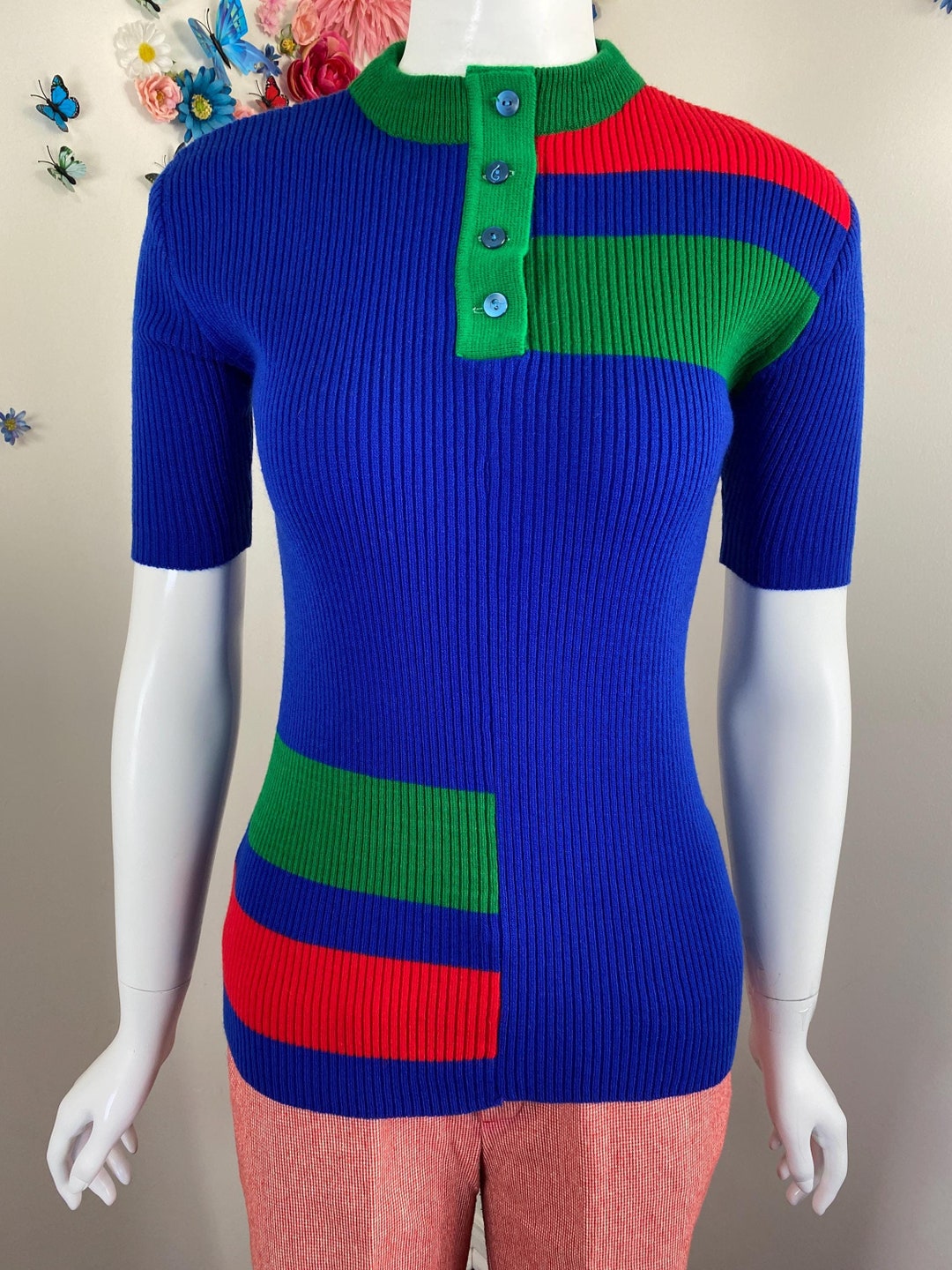 Vintage 70s Blue Sweater ESTEE RIVO Colour Block Fall Pullover Short ...