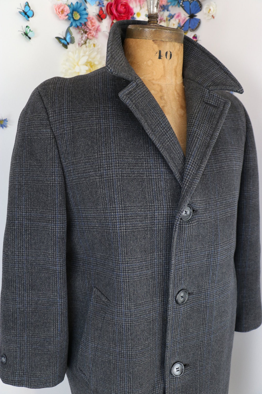 Men's Vintage 70s Plaid Wool Overcoat SIMPSONS 1970s Grey Blue Fall ...