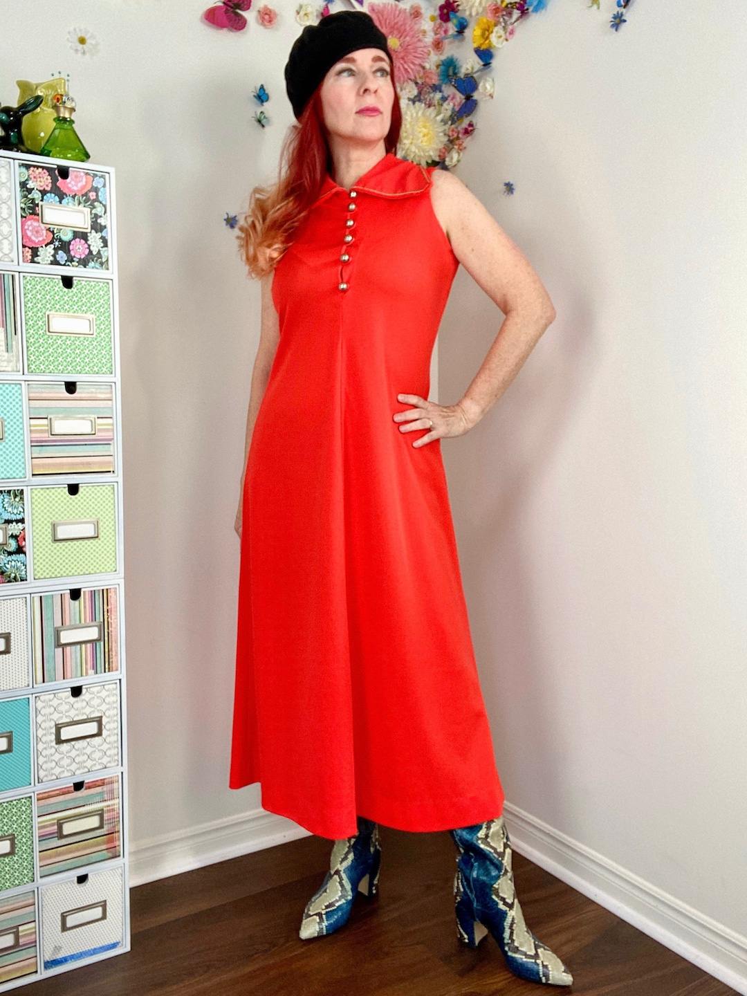 Vintage 1970s Maxi Dress 70s Wide Collar Sequin Trim Silver Bobble ...