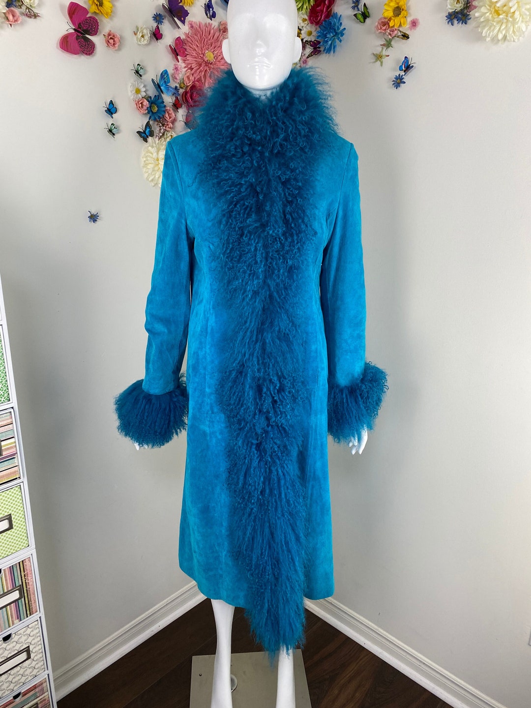 Vintage Mongolian Fur Coat 90s Blue Teal Suede Coat With Fur Trim ...