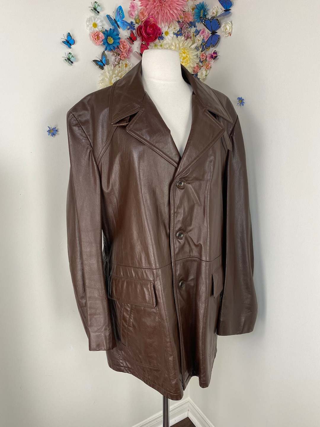 70s SIMPSONS Brown Leather Jacket Vintage 1970s Men's Leather Trench ...