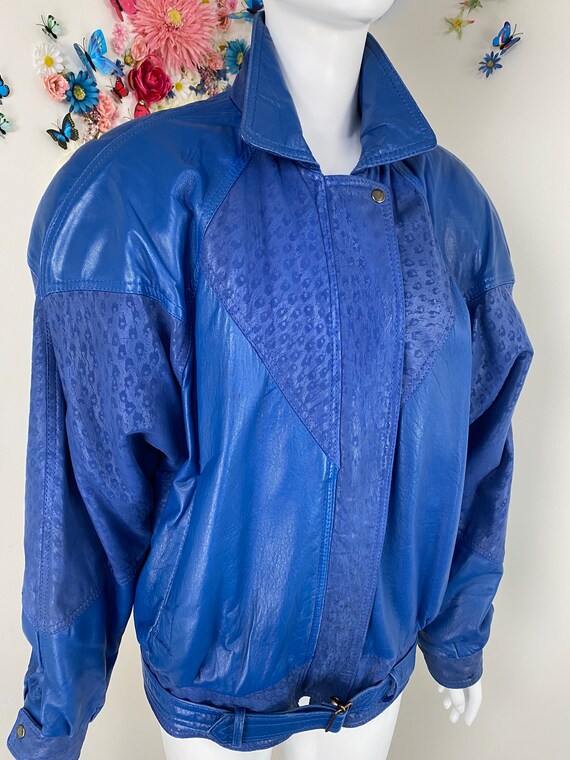 1980s Blue Leather Bomber Jacket - DIANA CHARLES Vint… - Gem