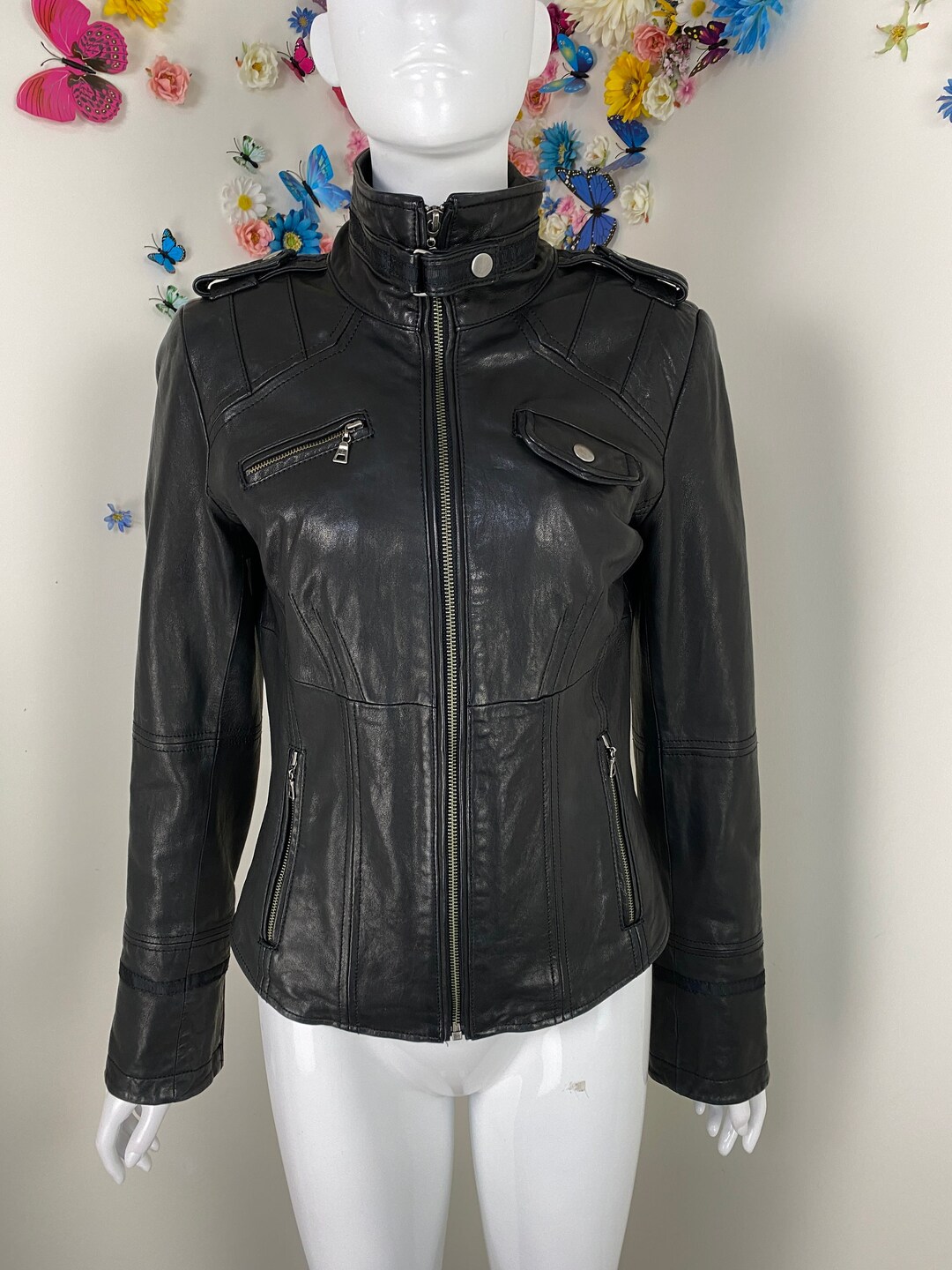 Y2K Black Leather Moto Jacket Vintage Fitted Badass Biker Motorcycle ...