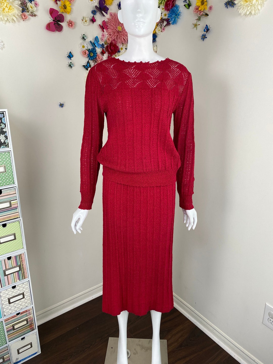 Vintage Red Eyelet Crochet Knit Dress Set 1930s 1940s 2 Piece Skirt ...
